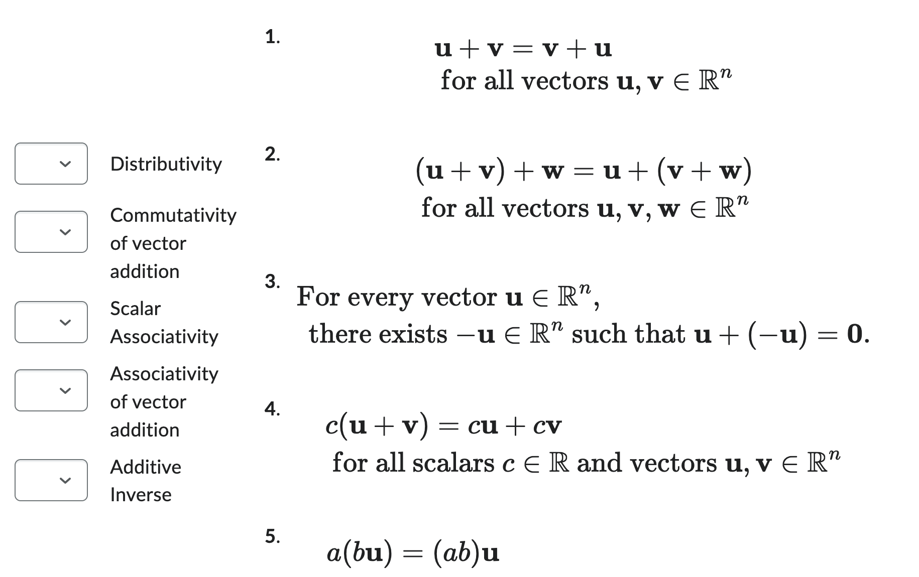 u+v=v+u for all vectors u,v∈Rn (u+v)+w=u+(v+w) for | Chegg.com
