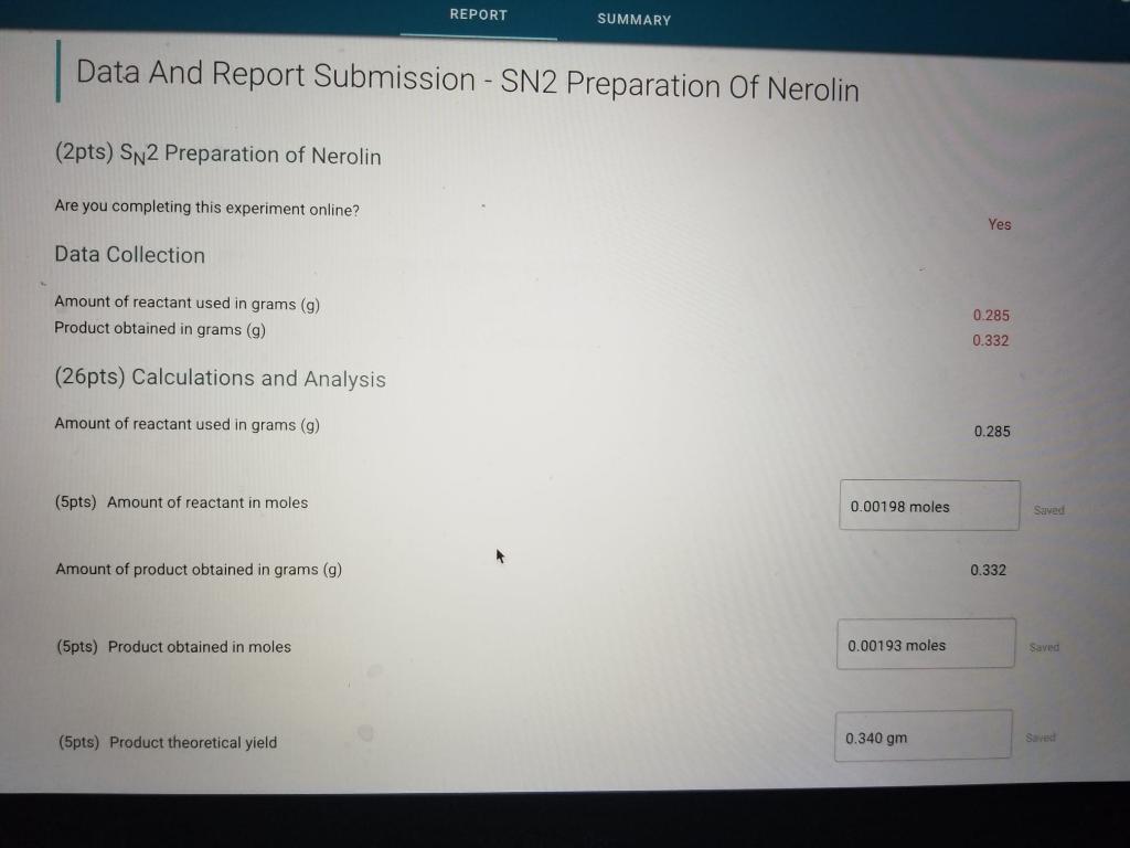 Solved REPORT SUMMARY Data And Report Submission - SN2 | Chegg.com