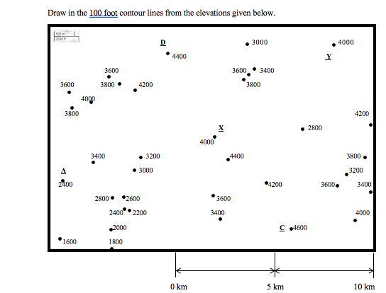 Solved Draw in the 100 foot contour lines from the | Chegg.com