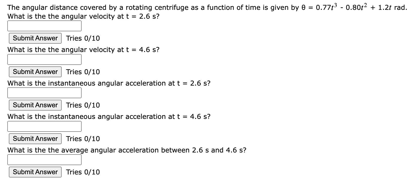 Solved The angular distance covered by a rotating centrifuge | Chegg.com