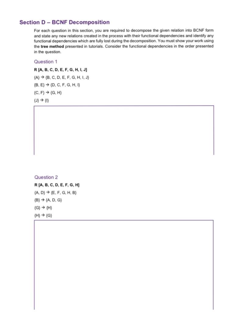 Solved Section D-BCNF Decomposition For each question in | Chegg.com