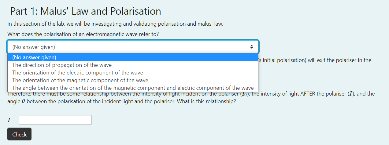 Solved Part 1: Malus' Law and Polarisation In this section | Chegg.com