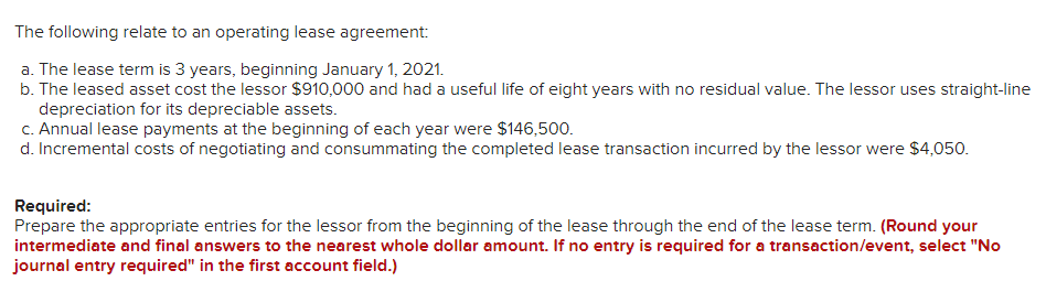 Solved The following relate to an operating lease agreement: | Chegg.com