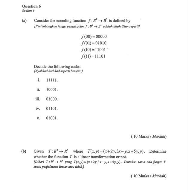 Solved (a) Consider the encoding function f:B2→B5 is defined | Chegg.com