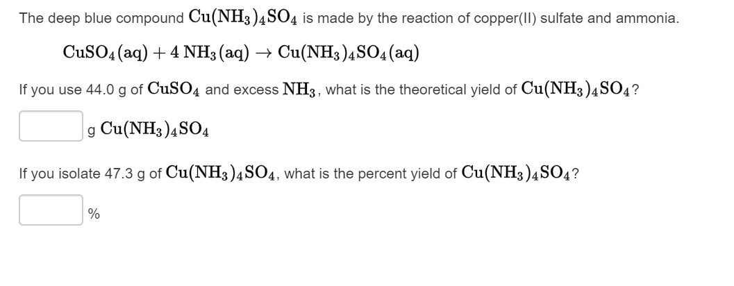 Solved The deep blue compound Cu(NH3)4 SO4 is made by the | Chegg.com