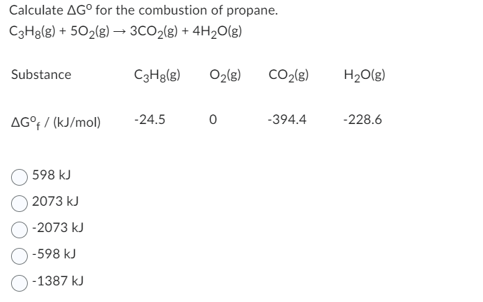 Solved Calculate ΔG∘ for the combustion of propane. C3H8( | Chegg.com