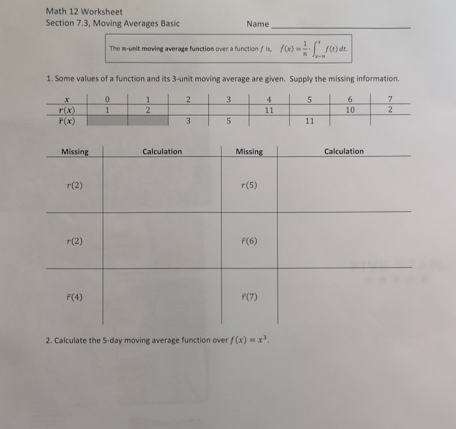 Solved Math 12 Worksheet Section 7.3, Moving Averages Basic | Chegg.com