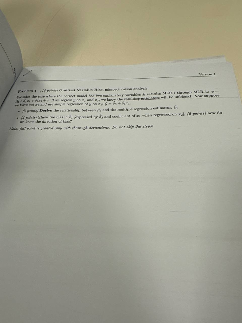 Solved Problem 1 ( 15 ﻿points) ﻿Omitted Variable Bias, | Chegg.com