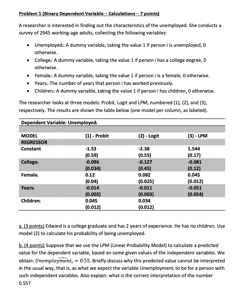 Solved Problem 5 (Binary Dependent Variable - Calculations – | Chegg.com