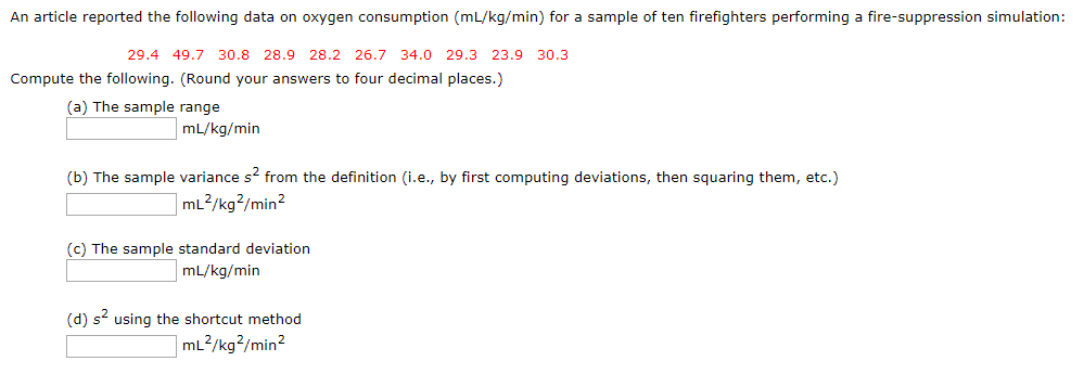 Solved An article reported the following data on oxygen | Chegg.com