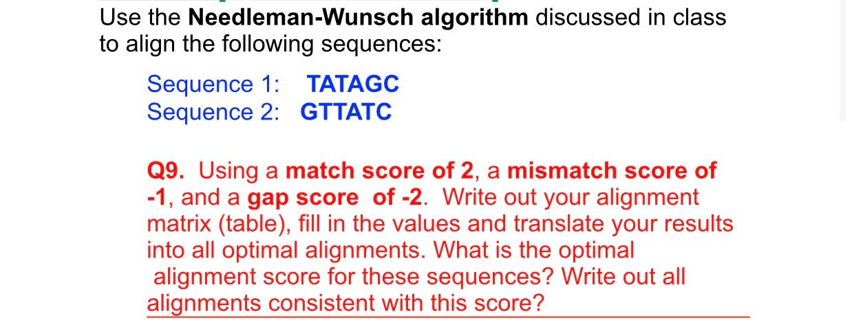 Use the Needleman-Wunsch algorithm discussed in class | Chegg.com