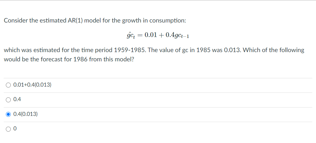 Solved Consider the estimated AR(1) model for the growth in | Chegg.com