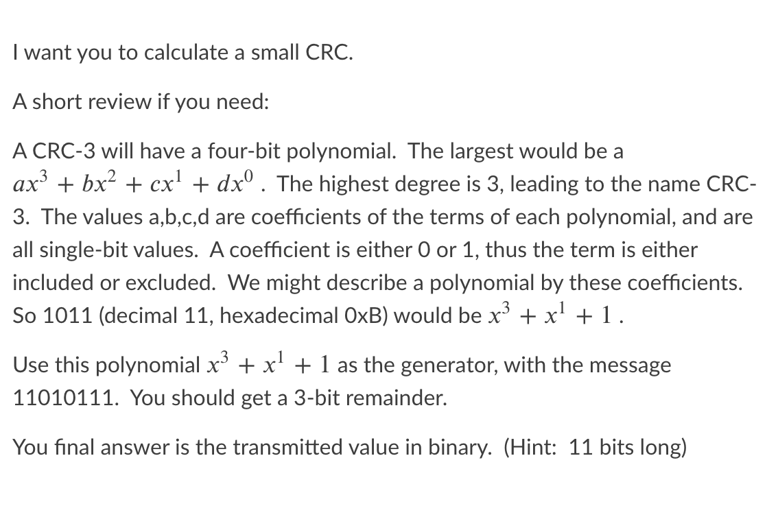 Solved I want you to calculate a small CRC. A short review | Chegg.com
