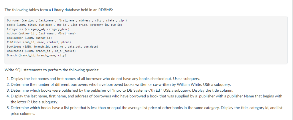 Solved The following tables form a Library database held in | Chegg.com