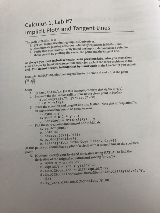 Solved Calculus 1, Lab #7 Implicit Plots and Tangent Lines e | Chegg.com