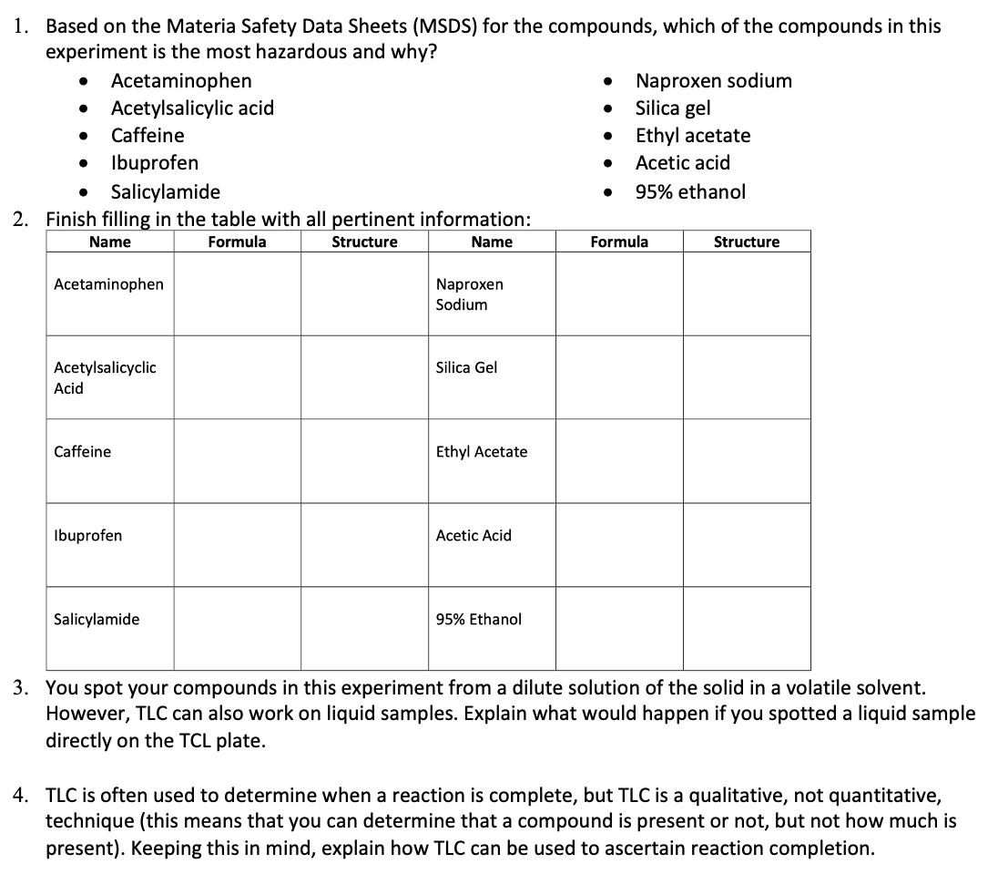 Solved 1. Based on the Materia Safety Data Sheets (MSDS) for | Chegg.com