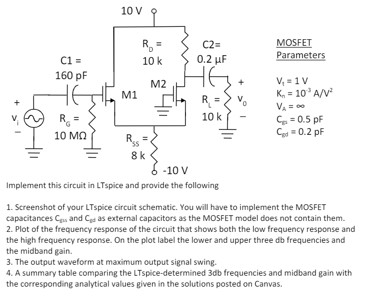 Solved 10 V R = 10 k. C2= 0.2 ur MOSFET Parameters C1 = 160 | Chegg.com