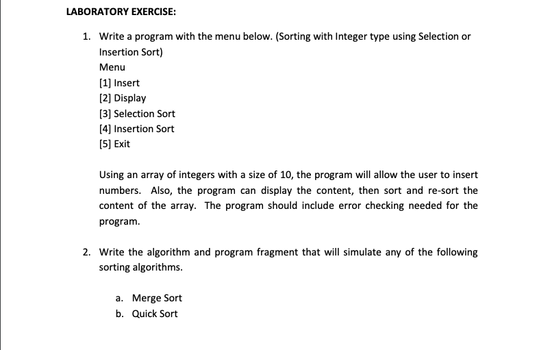 Solved 1. Write a program with the menu below. (Sorting with | Chegg.com