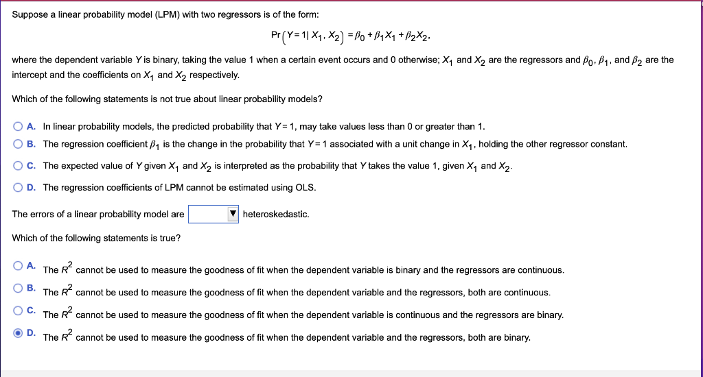 Solved Suppose a linear probability model (LPM) with two | Chegg.com