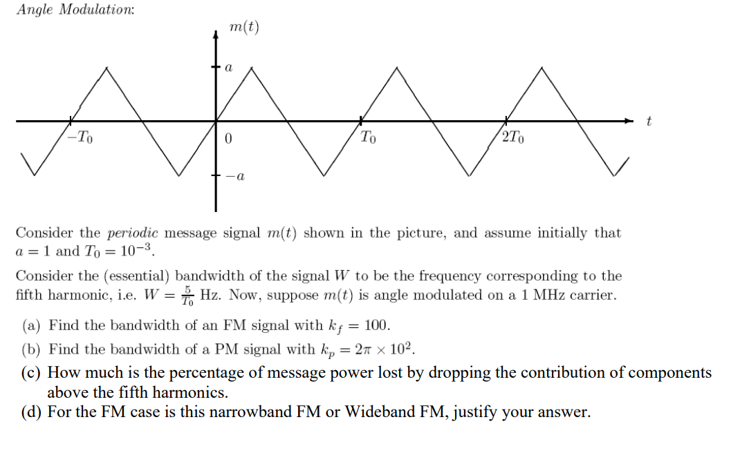 Solved Angle Modulation: m(t) a HAA 0 To 210 -a Consider the | Chegg.com