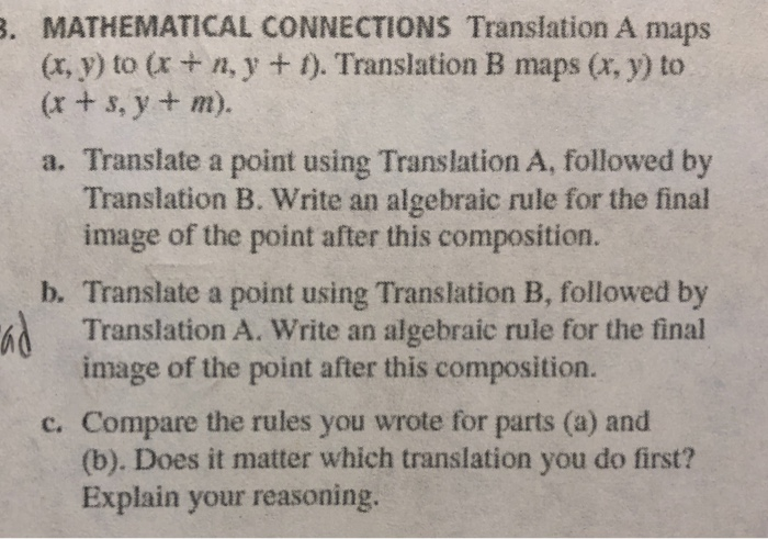 Solved . MATHEMATICAL CONNECTIONS Translation A maps (x, y) | Chegg.com