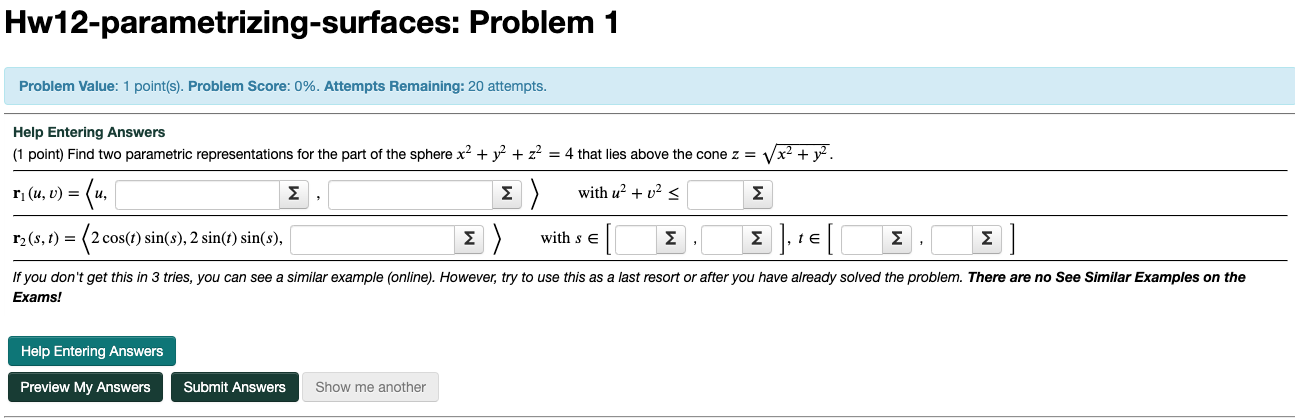 Solved Hw12-parametrizing-surfaces: Problem 1 Problem Value: | Chegg.com
