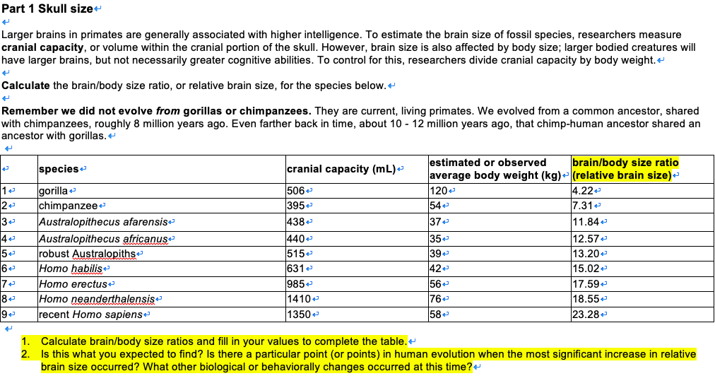 Part 1 Skull size Larger brains in primates are | Chegg.com