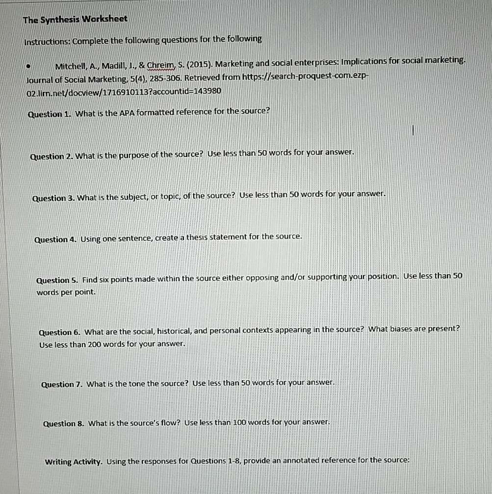 Solved The Synthesis Worksheet Instructions: Complete the | Chegg.com