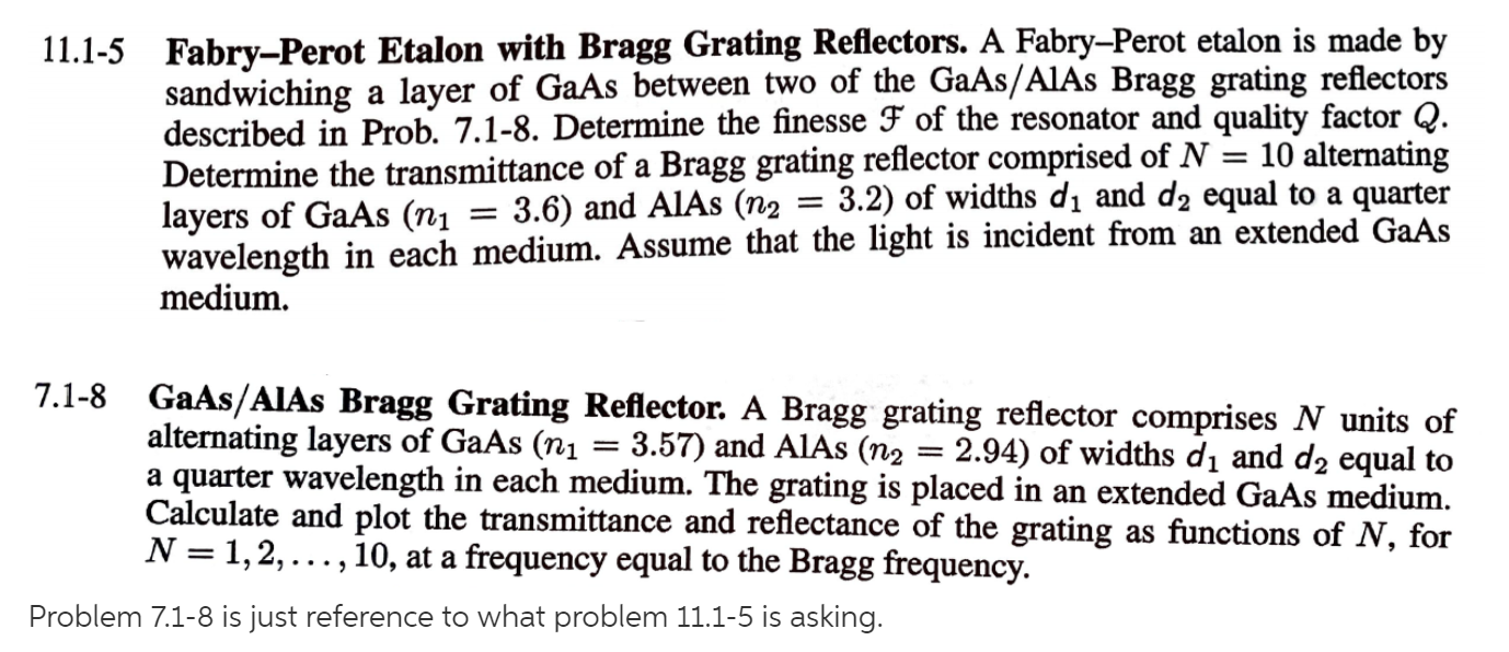 11.1-5 Fabry-Perot Etalon with Bragg Grating | Chegg.com