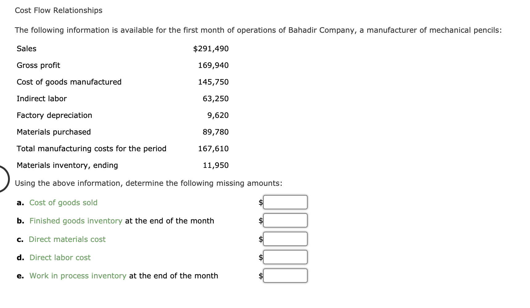 Solved Cost Flow Relationships The following information is | Chegg.com