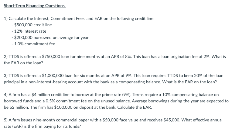 Solved Short-Term Financing Questions 1) Calculate the | Chegg.com