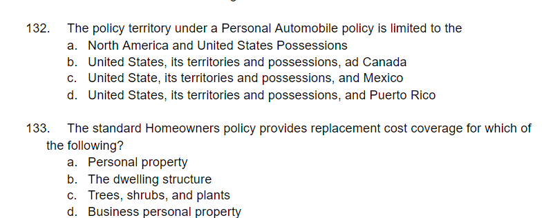 Solved 132. The policy territory under a Personal Automobile | Chegg.com