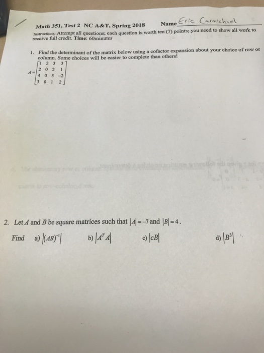 Solved Eric Carmichiel Math 351, Test 2 NCA&T, Spring 2018 | Chegg.com