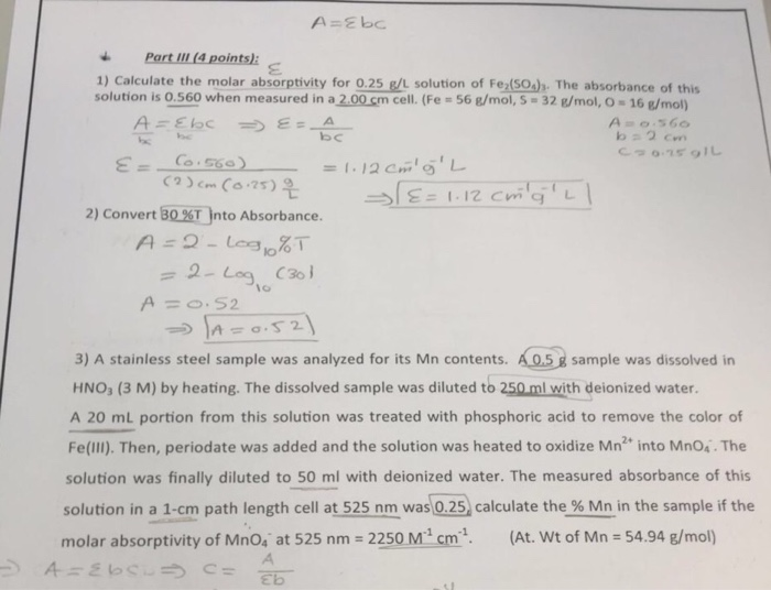 Solved 1) Calculate the molar absorptivity for 0.25 g/L | Chegg.com