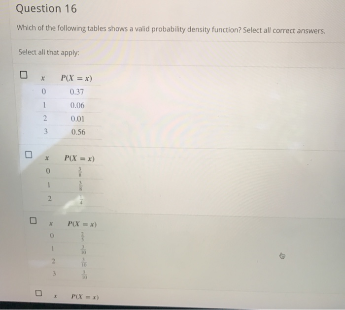 Solved Question 16 Which Of The Following Tables Shows A 