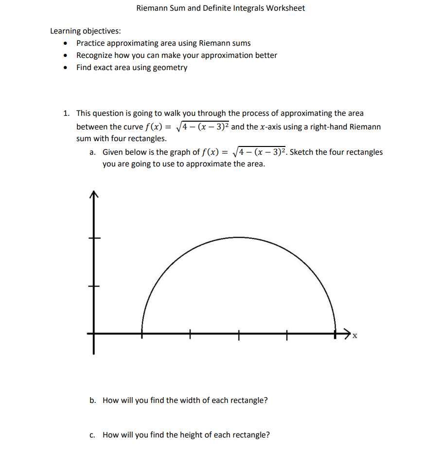 Riemann Sum and Definite Integrals Worksheet d. ﻿Fill | Chegg.com
