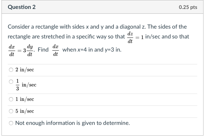 Solved Question 2 0.25 pts Consider a rectangle with sides x | Chegg.com