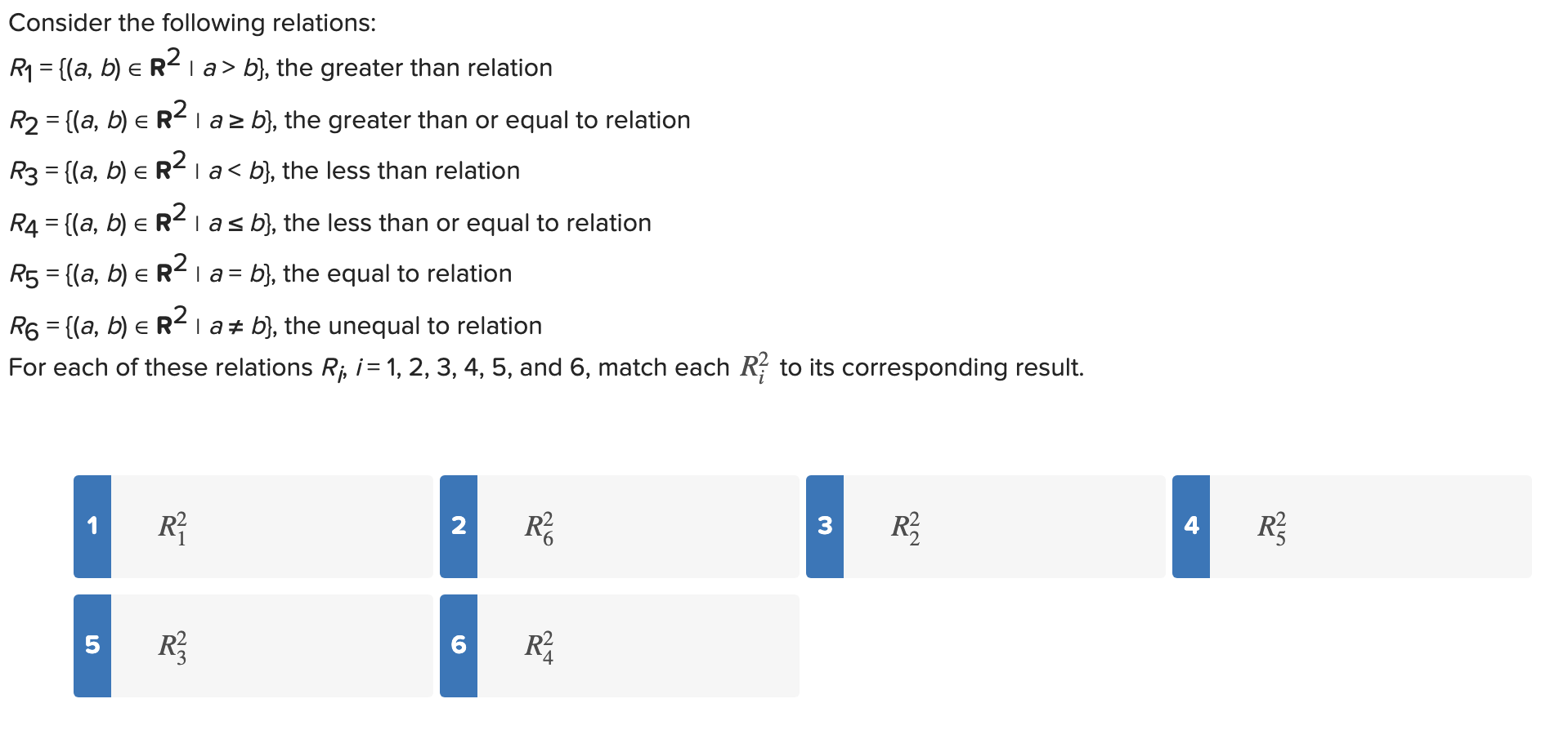 Solved Consider the following relations: R1 = {(a, b) ∈ R2 ∣ | Chegg.com