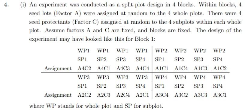 Solved 4. . (i) An experiment was conducted as a split-plot | Chegg.com