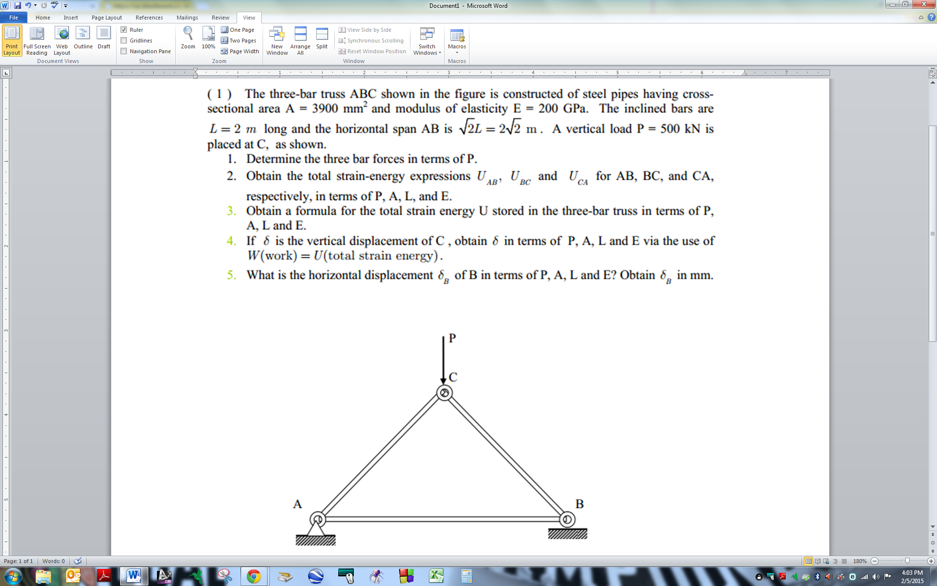 Solved ( 1 ) The three-bar truss ABC shown in the figure is | Chegg.com
