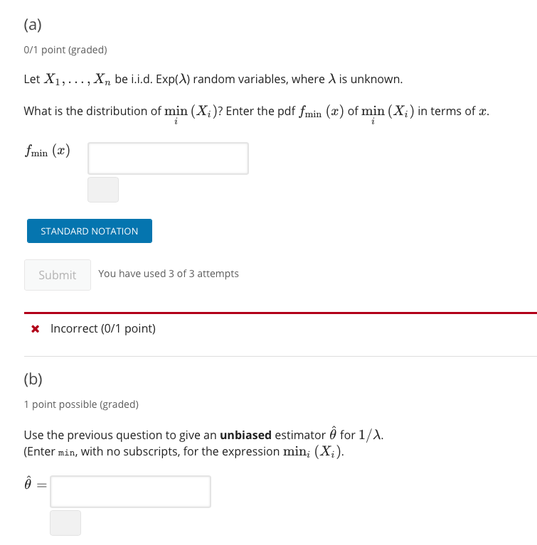 Solved 0/1 point (graded) Let , , . . . , Xn be iid Exp(A) | Chegg.com