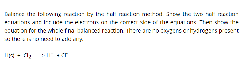Solved Balance the following reaction by the half reaction | Chegg.com