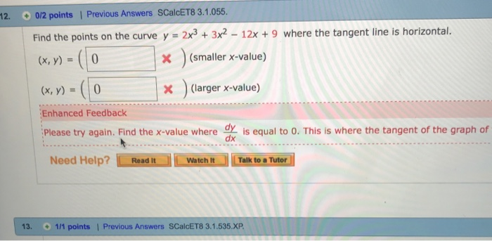 Solved 12. 0/2 points | Previous Answers SCalcET8 3.1.055 | Chegg.com
