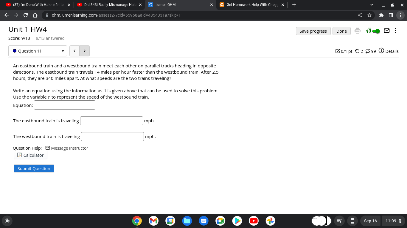 Solved An eastbound train and a westbound train meet each | Chegg.com