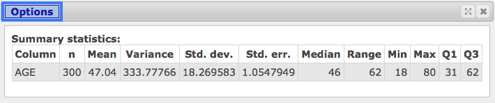 Solved Options Summary statistics: Column n Mean Variance | Chegg.com