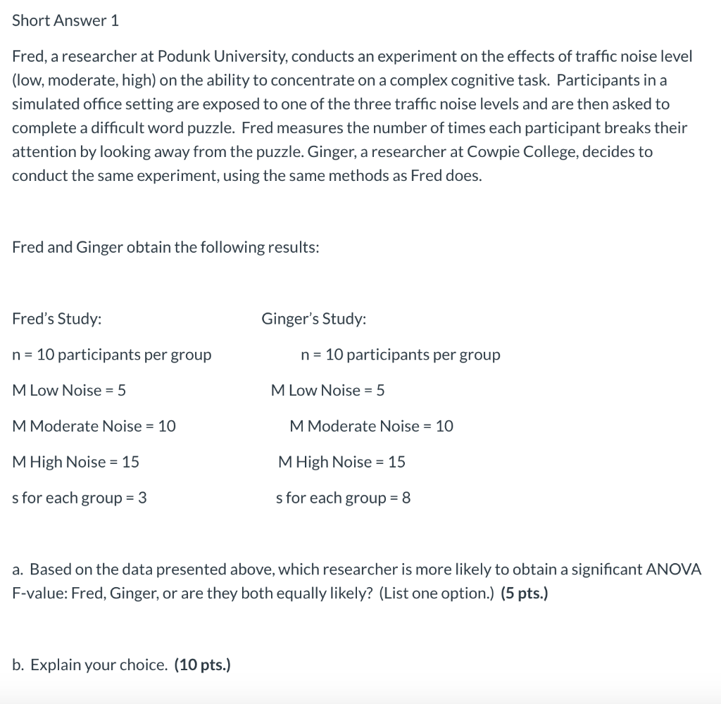 Solved Short Answer 1 Fred, a researcher at Podunk | Chegg.com