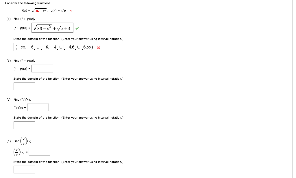 Solved Consider the following functions. f(x)=36−x2,g(x)=x+4 | Chegg.com
