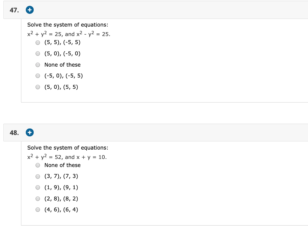 Solved 47. Solve the system of equations: x2 + у2 3D 25, and | Chegg.com