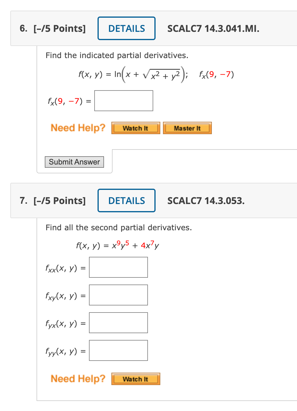 Solved 6. [-/5 Points] SCALC Find the indicated partial | Chegg.com