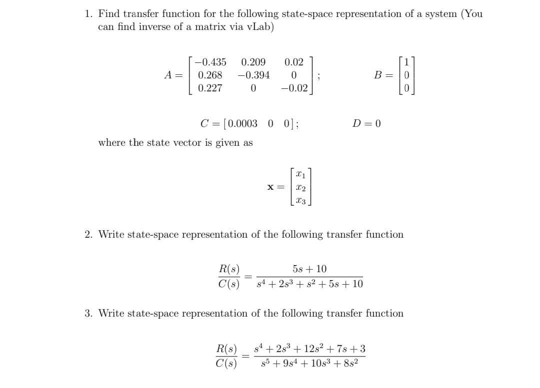 Solved 1. Find transfer function for the following | Chegg.com